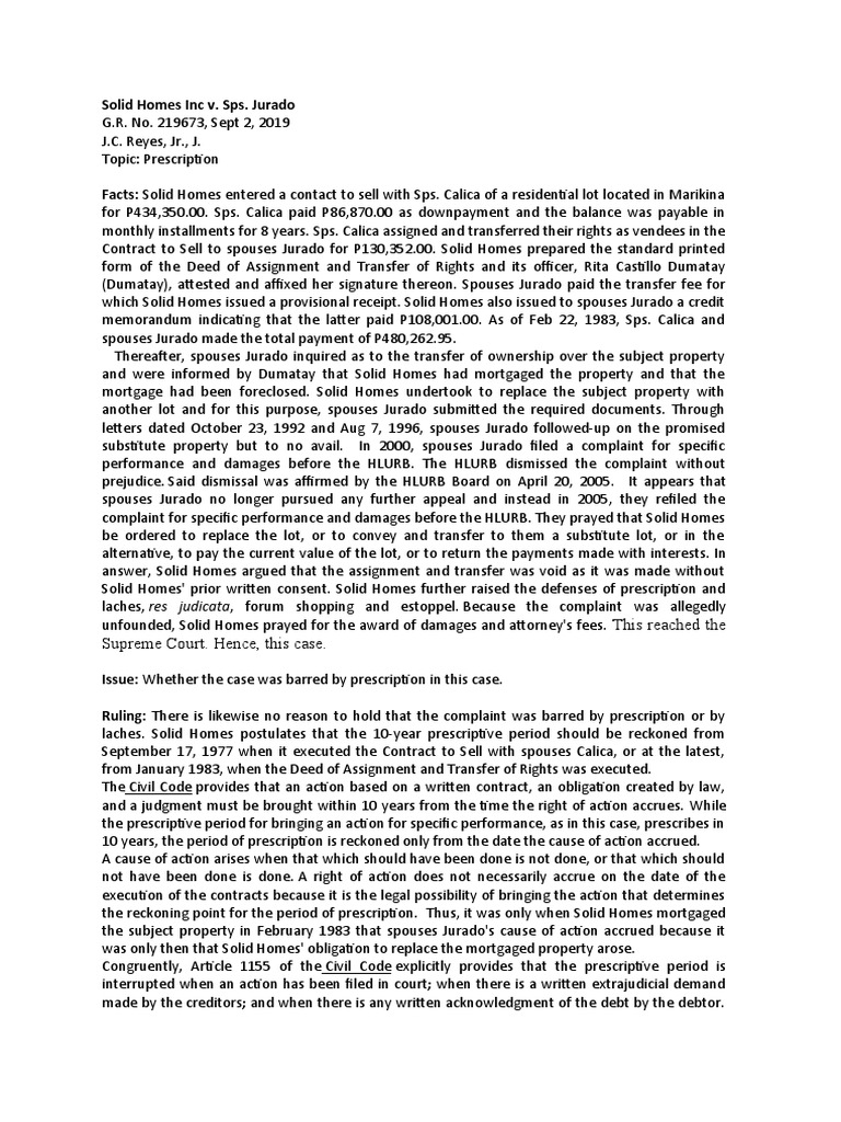 Solid Homes Inc v. Sps. Jurado - Prescription (Obligations) | PDF ...