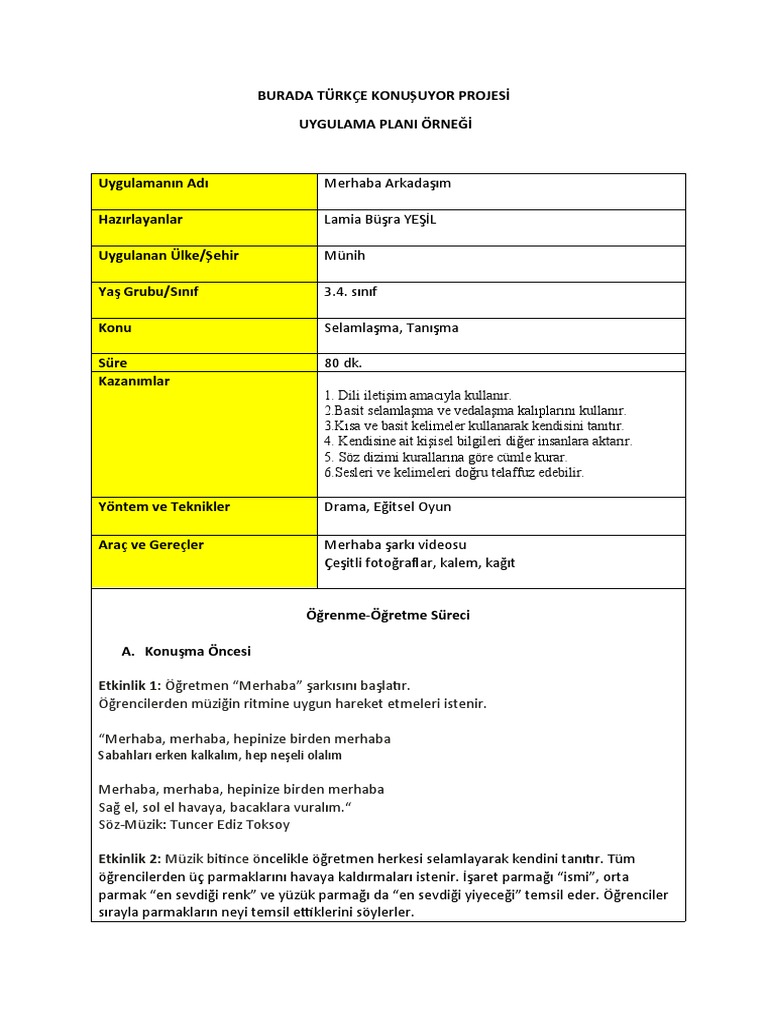 Burada Türkçe Konuşuyor Projesi Uygulama Plani Örneği: Etkinlik 1 ...