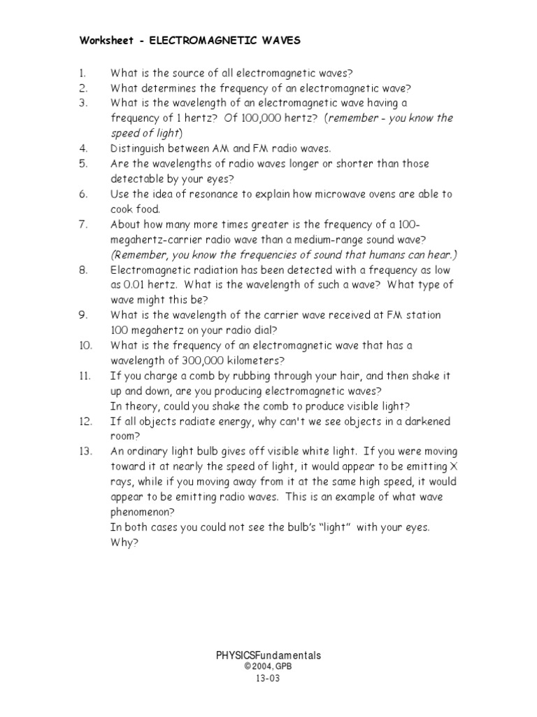 Remember - You Know The Speed of Light) : Worksheet - Electromagnetic ...