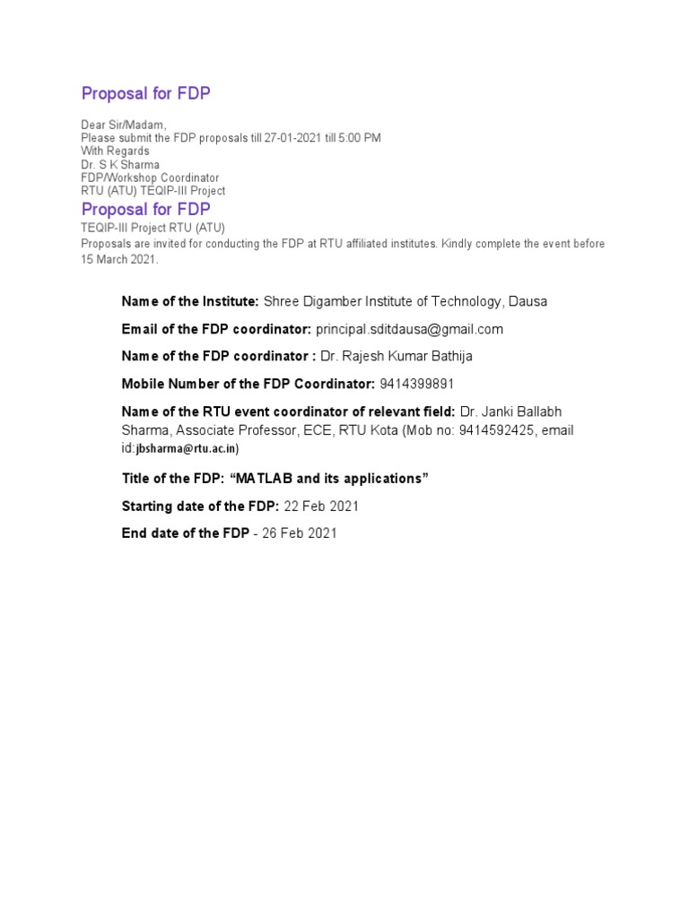 27Jan2021Proposal For FDP | PDF | Computers