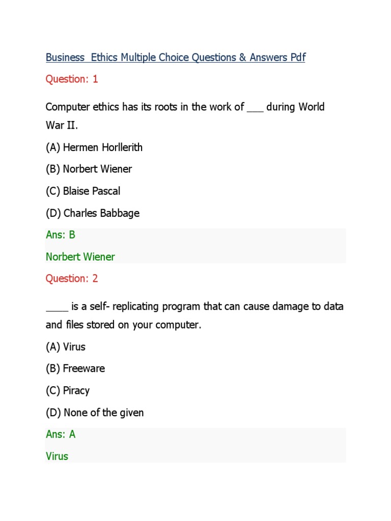 Business Ethics Multiple Choice Questions & Answers PDF: Ans: B Norbert Wiener | PDF | Games ...