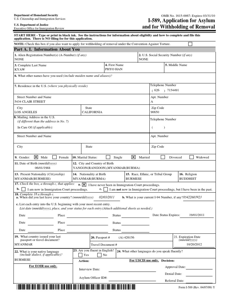 Application for Asylum and Withholding of Removal from the United ...