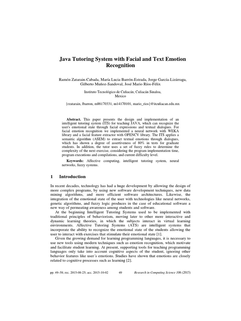 Java Tutoring System With Facial And Text Emotion Recognition Pdf Fuzzy Logic Emotions