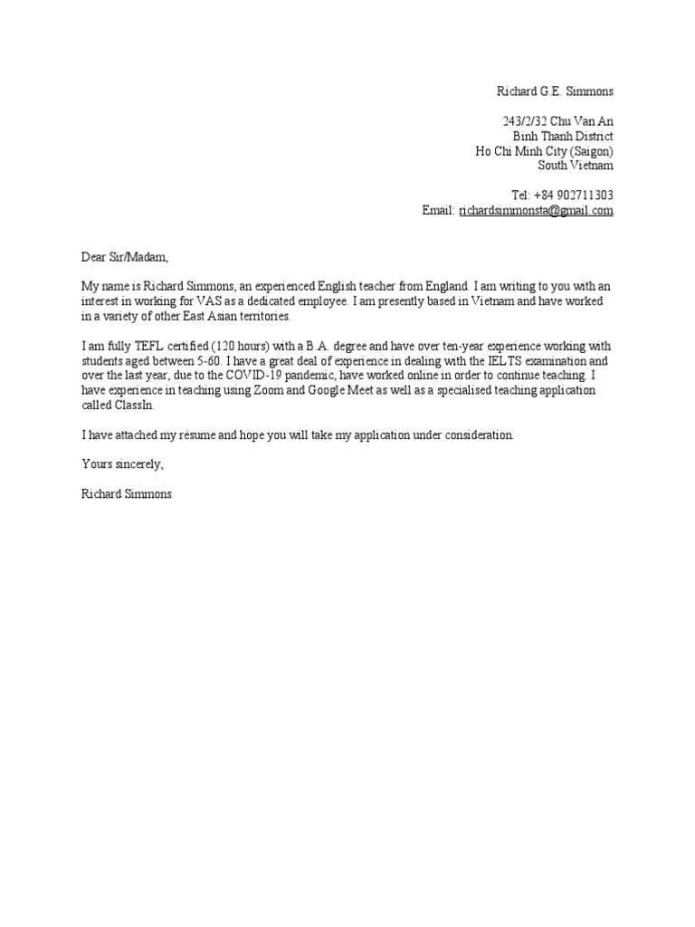 Cover Letter - Richard Simmons | PDF