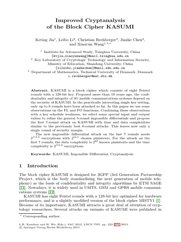 Improved Cryptanalysis of The Block Cipher KASUMI | PDF | Espionage Techniques | Information Age