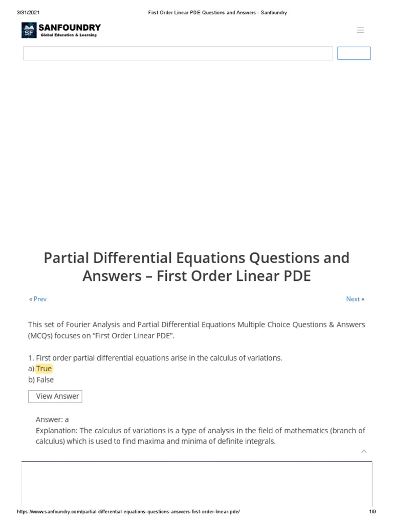 First Order Linear PDE Questions and Answers - Sanfoundry | PDF | Partial Differential Equation ...