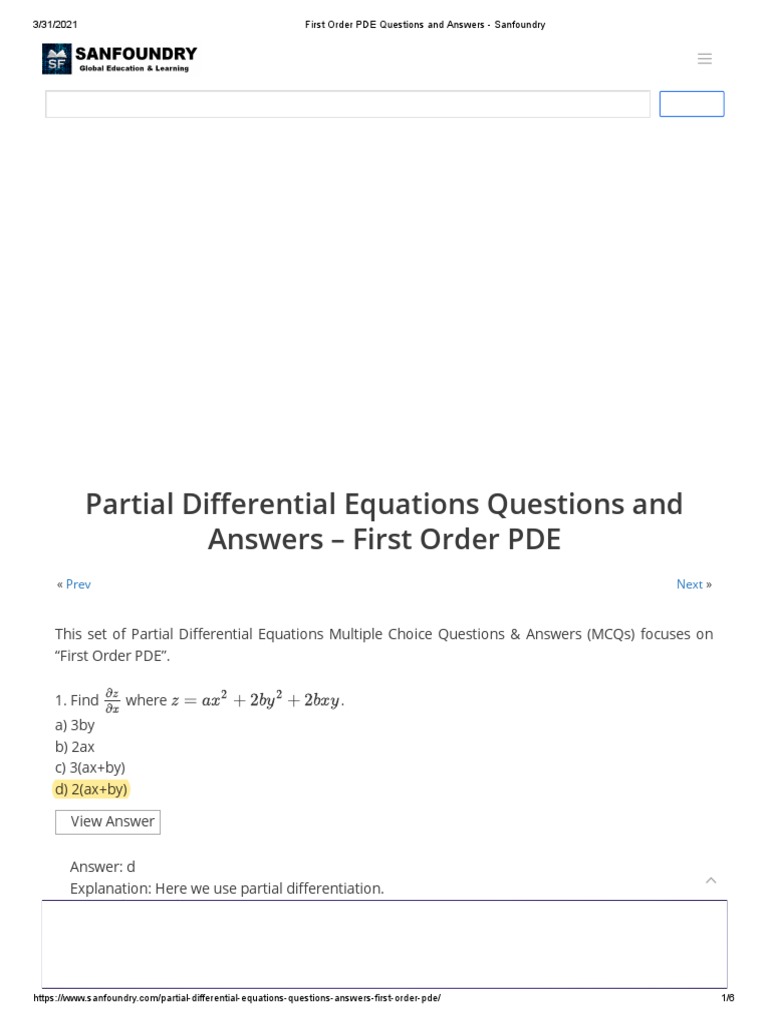First Order PDE Questions and Answers - Sanfoundry | PDF | Ordinary ...