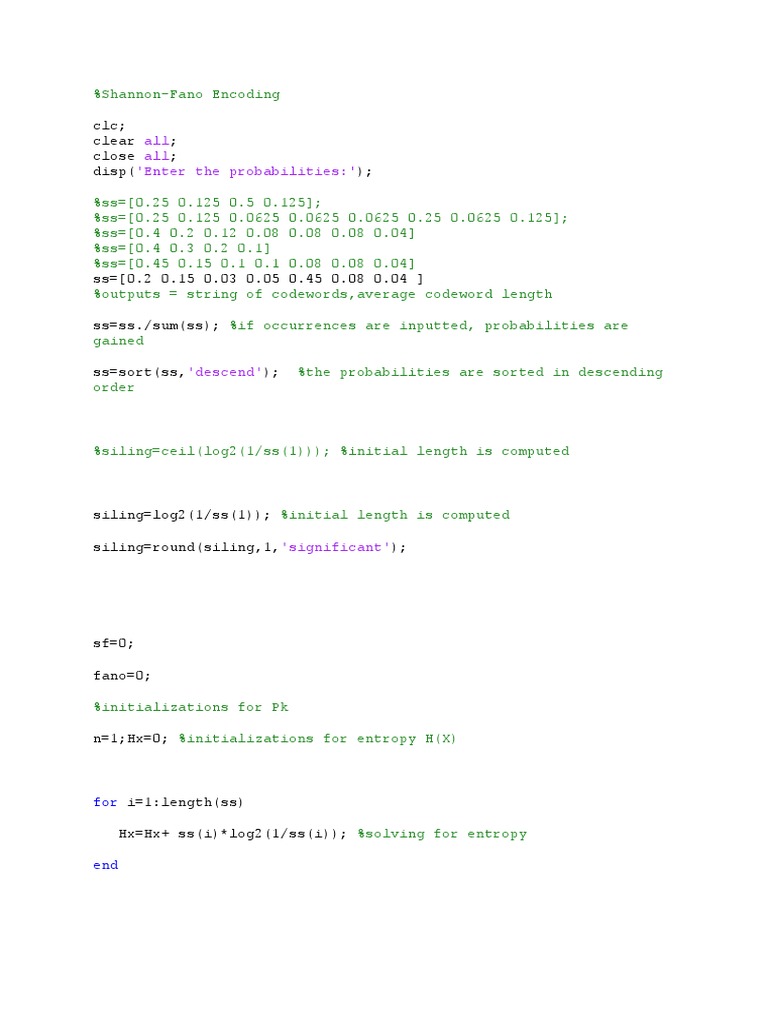 Shannon Fano Matlab Code | PDF | Computer Science | Statistical Theory