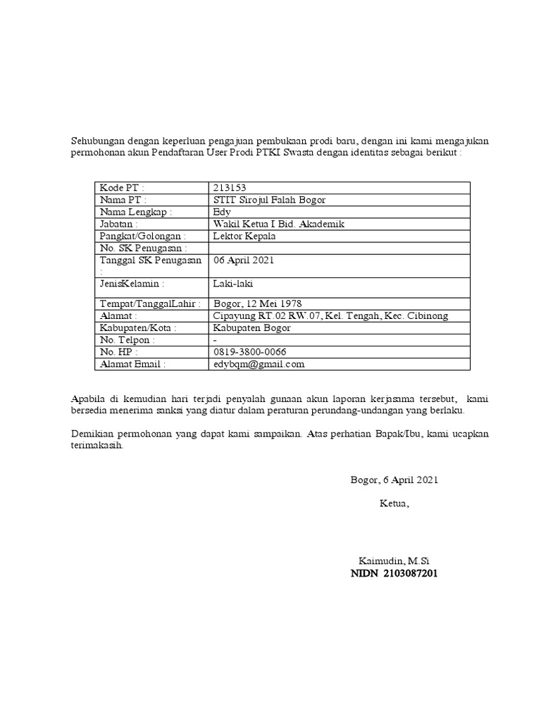 Contoh Surat Permohonan Akun | PDF