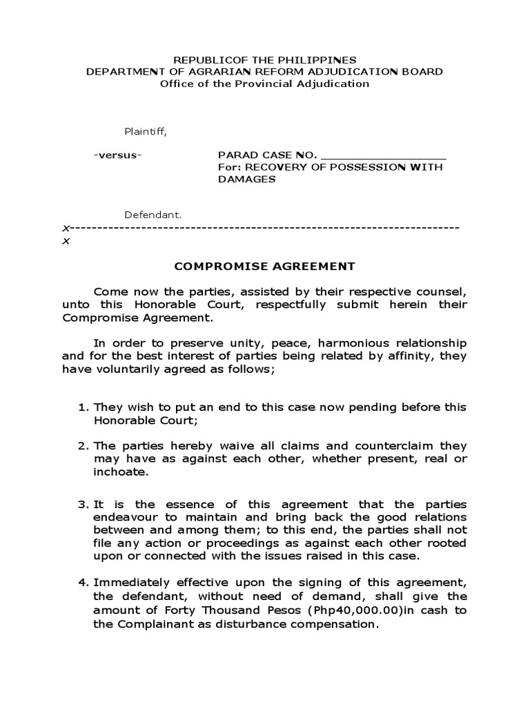 Compromise Agreement For Recovery of Possession | PDF | Government ...