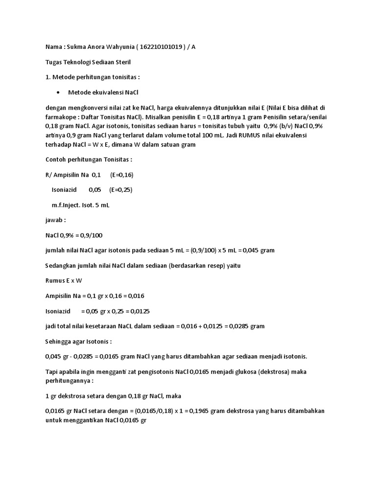 Perhitungan Tonisitas NaCl dalam Obat | PDF
