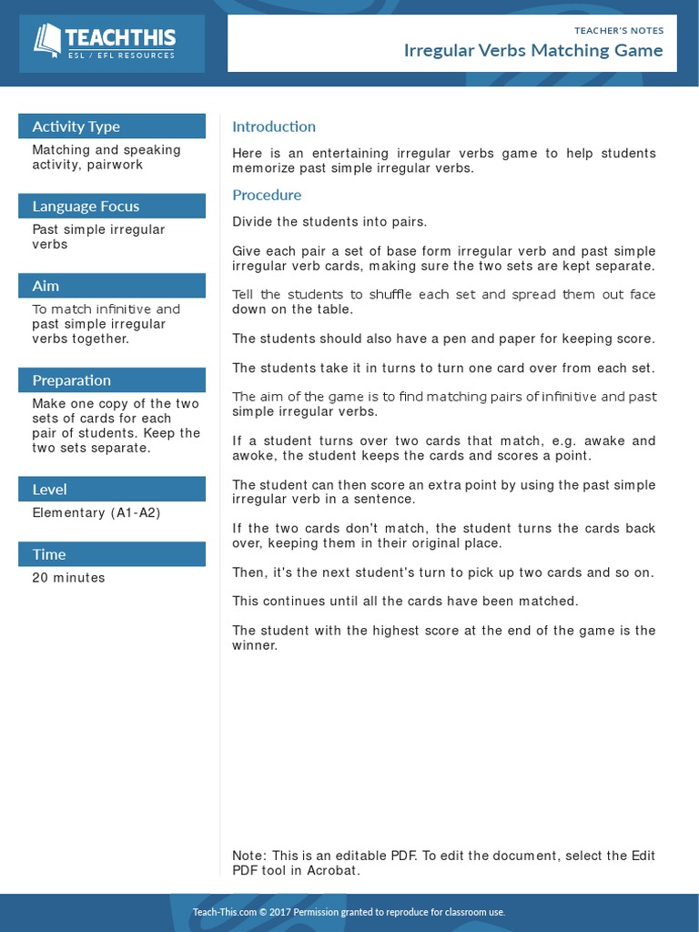 Irregular Verbs Matching Game | PDF | English As A Second Or Foreign ...