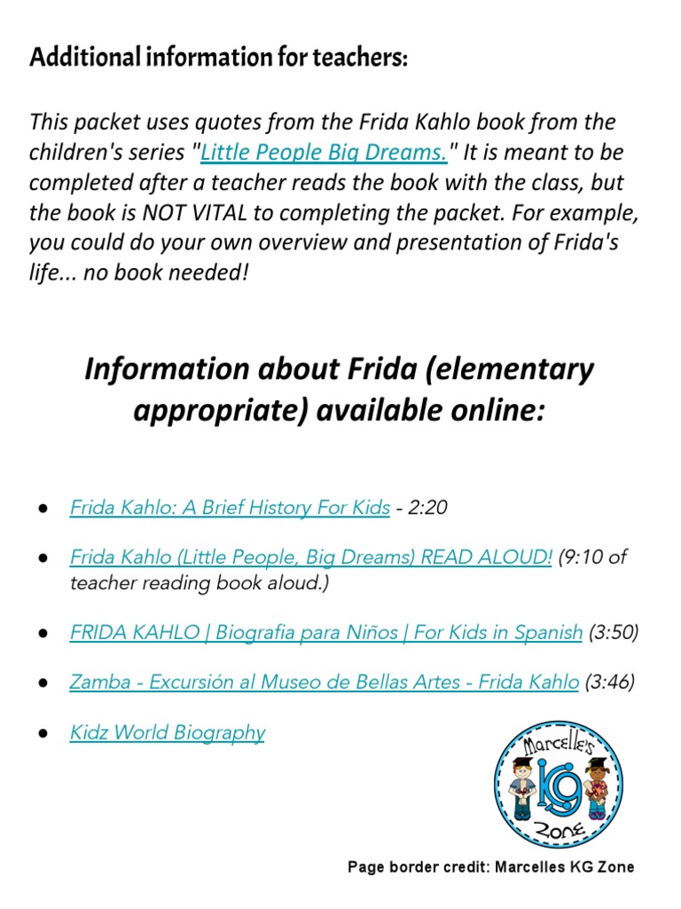 Little People Big Dreams Frida Kahlo Elementary Book Guide | PDF