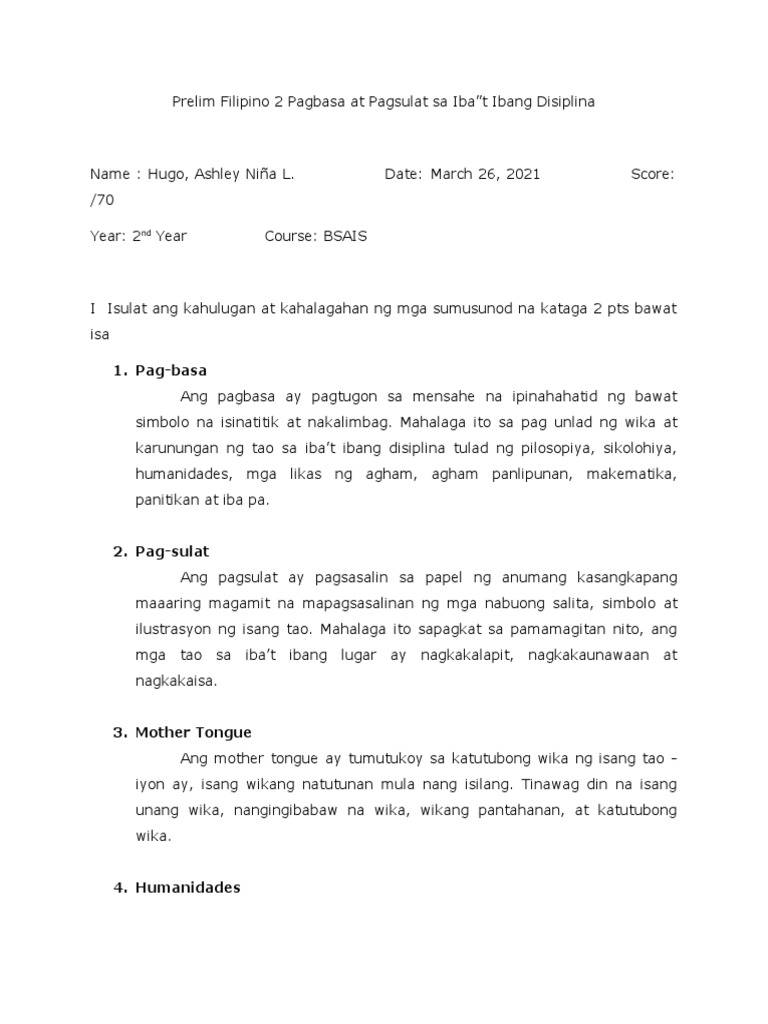 Prelim Filipino 2 Pagbasa at Pagsulat Sa Iba | PDF