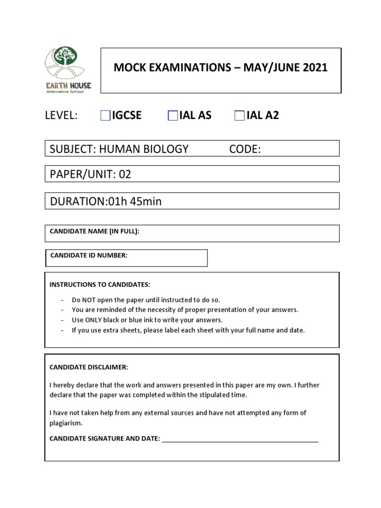 Level: Subject: Human Biology Code: Paper/Unit: 02 DURATION:01h 45min ...