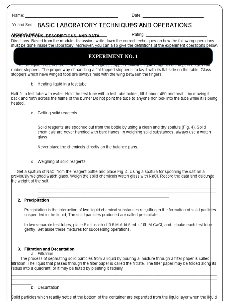 Basic Laboratory Techniques and Operations: Experiment No. 1 | PDF ...