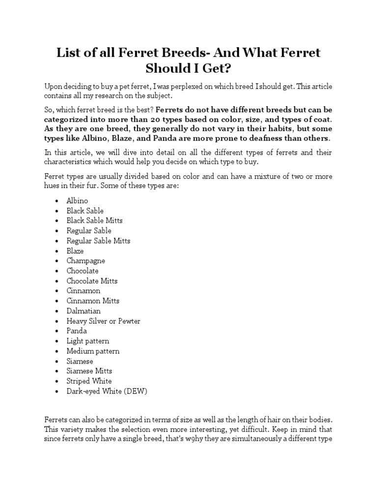 List of All Ferret Breeds | PDF | Fur | Hair
