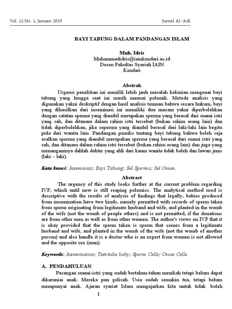 Bayi Tabung Dalam Pandangan Islam Muh. Idris: Kata Kunci: Inseminasi Bayi Tabung Sel Sperma Sel ...