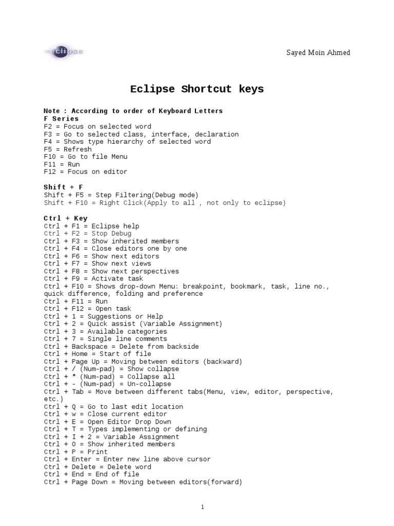 Eclipse Shortcut Keys Control Key Keyboard Shortcut 
