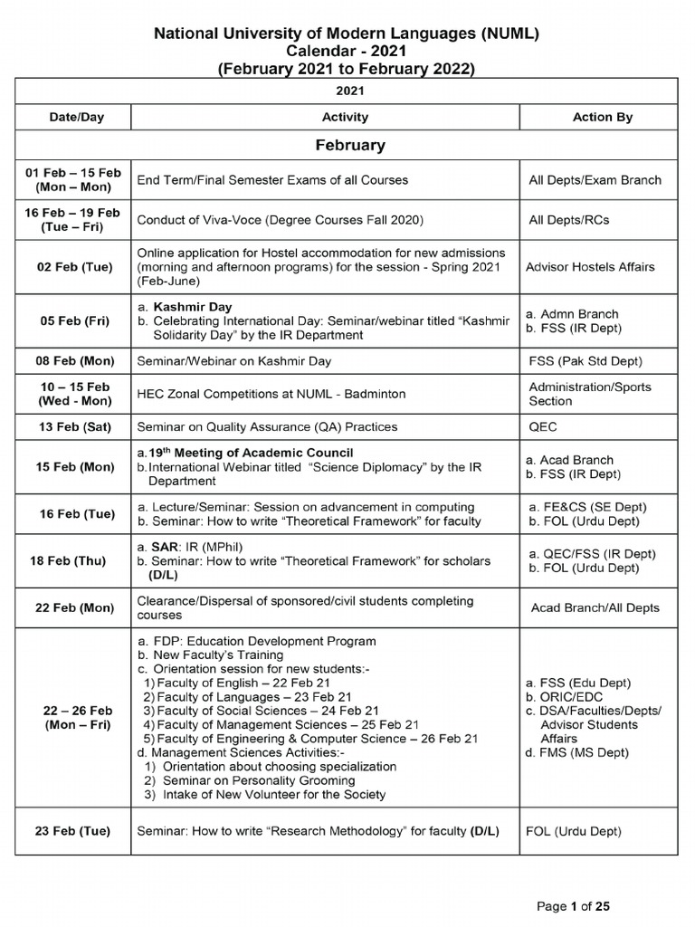 Academic Calendar - NUML 2020 - Calendar | PDF