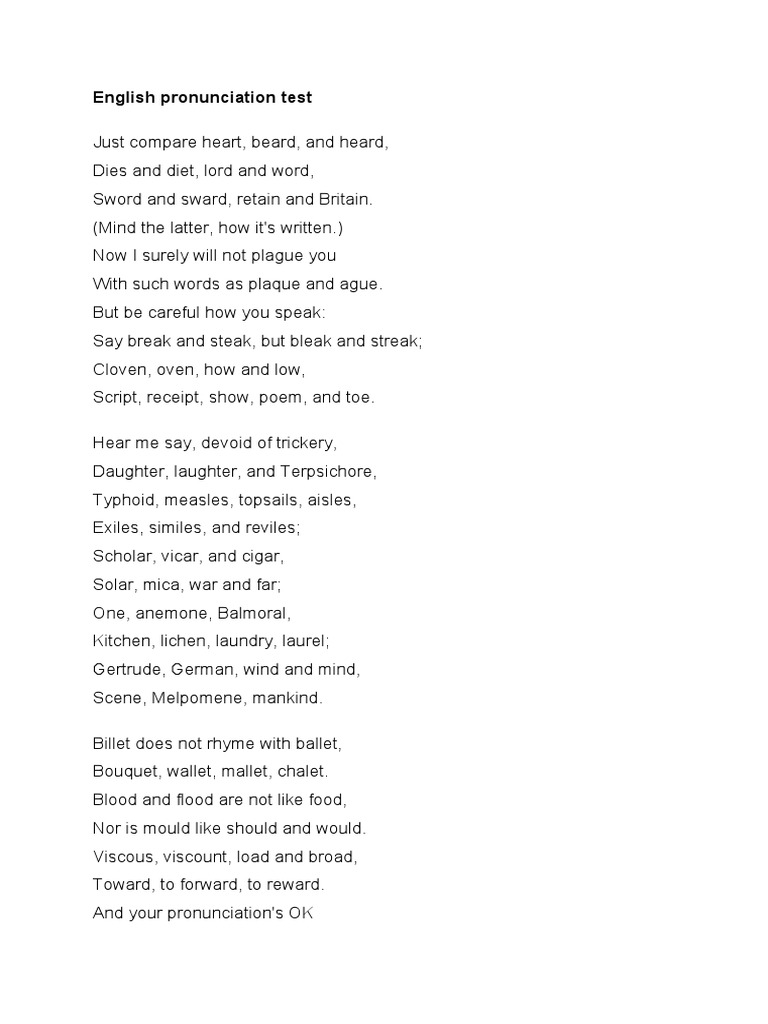 English Pronunciation Test | PDF | Poetry