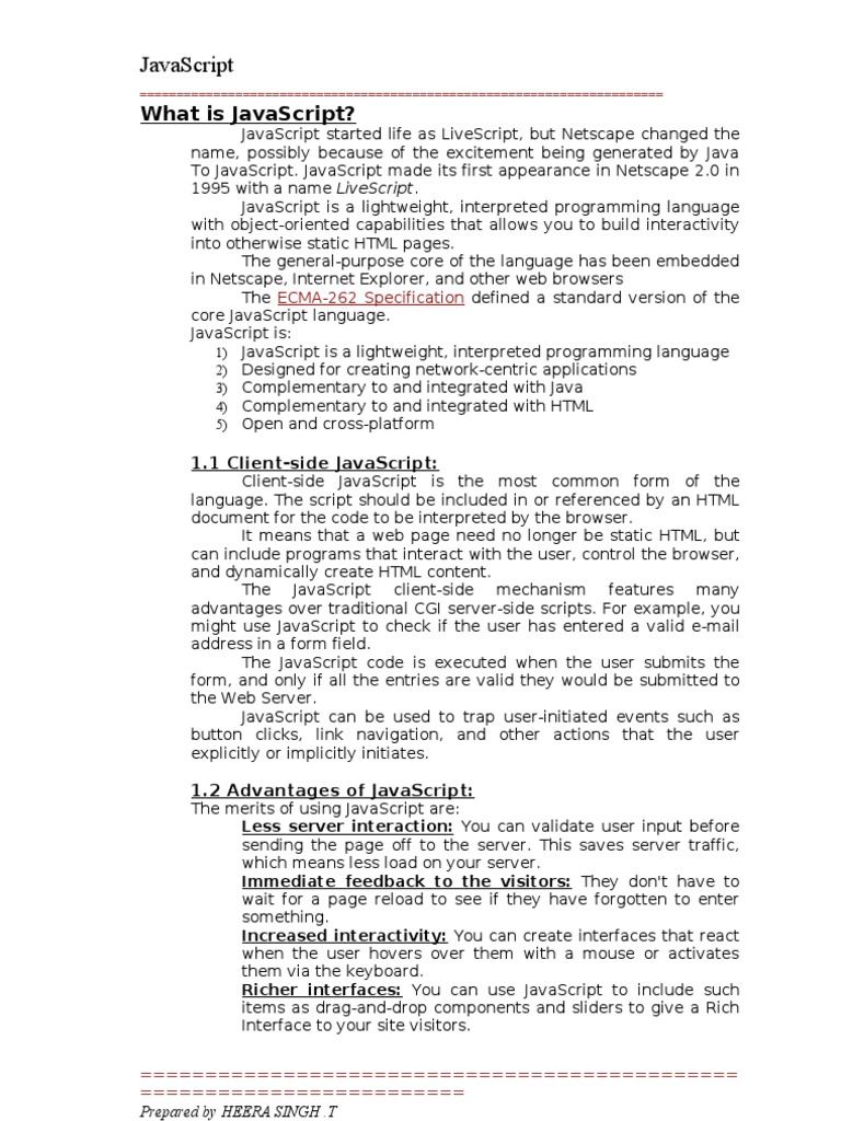 Javascript Notes by Heera Singh Bellary | PDF | Java Script | Dynamic ...