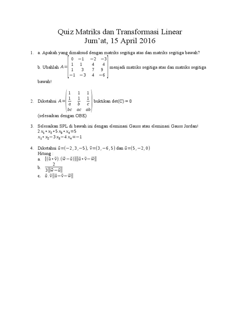 Quiz Semester Genap Matriks Dan Transformasi Linear THN 2015-2016 | PDF