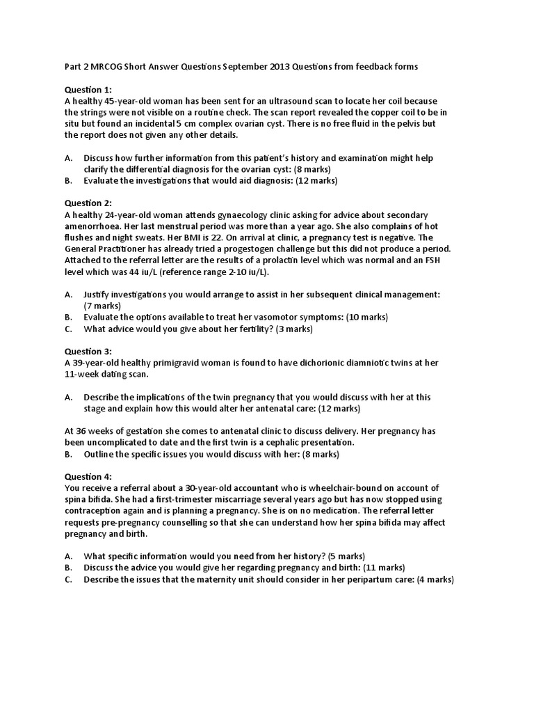 Part 2 Mrcog Short Answer Questions | PDF | Pregnancy | Motherhood