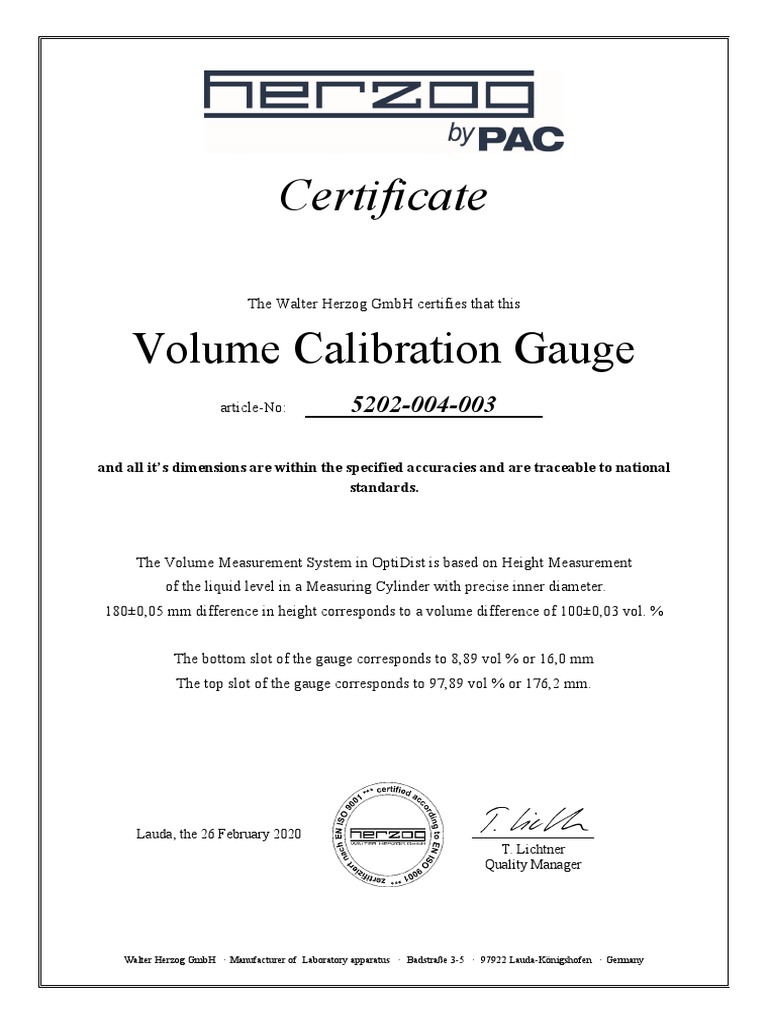 Certificate for Volume Calibration Gauge Verifying Dimensions and ...