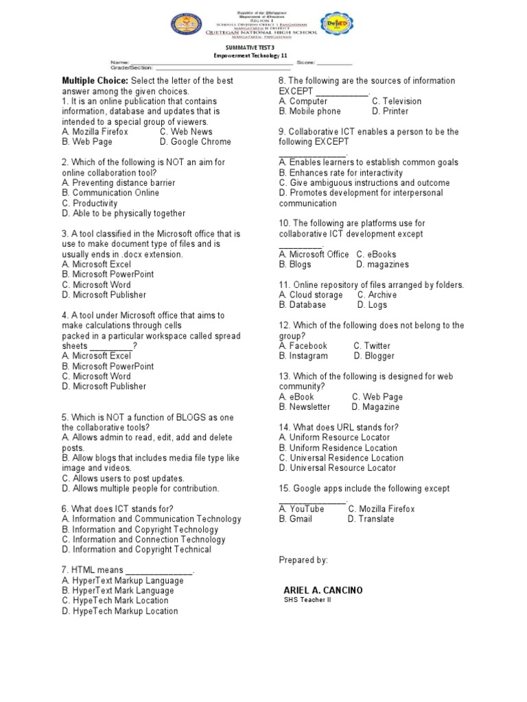 Multiple Choice: Select The Letter of The Best: Summative Test 3 ...