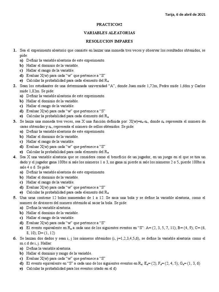 2°practica Individual-Variable Aleatoria | PDF | Variable aleatoria | Distribución de probabilidad