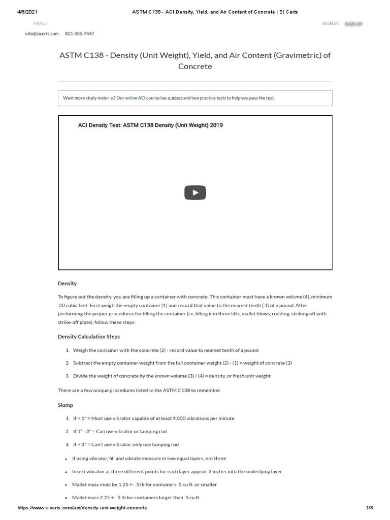 ASTM C138 - ACI Density, Yield, and Air Content of Concrete - SI Certs ...