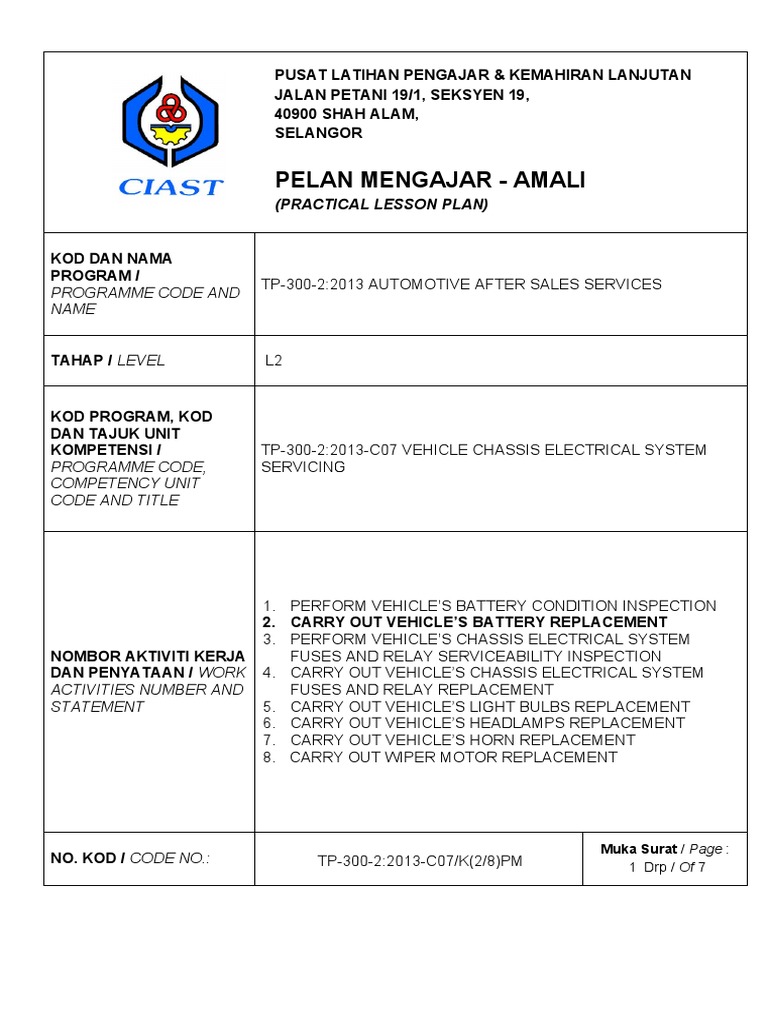 Contoh Pelan Mengajar - Amali | PDF | Teknologi & Rekayasa