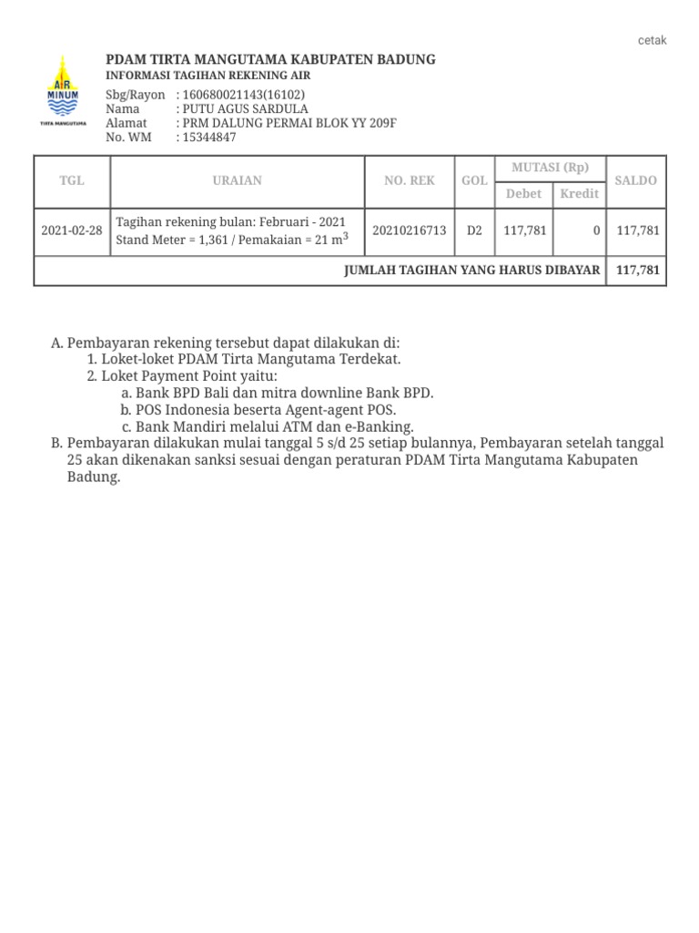 Informasi Tagihan Rekening Air - PDAM Tirta Mangutama | PDF