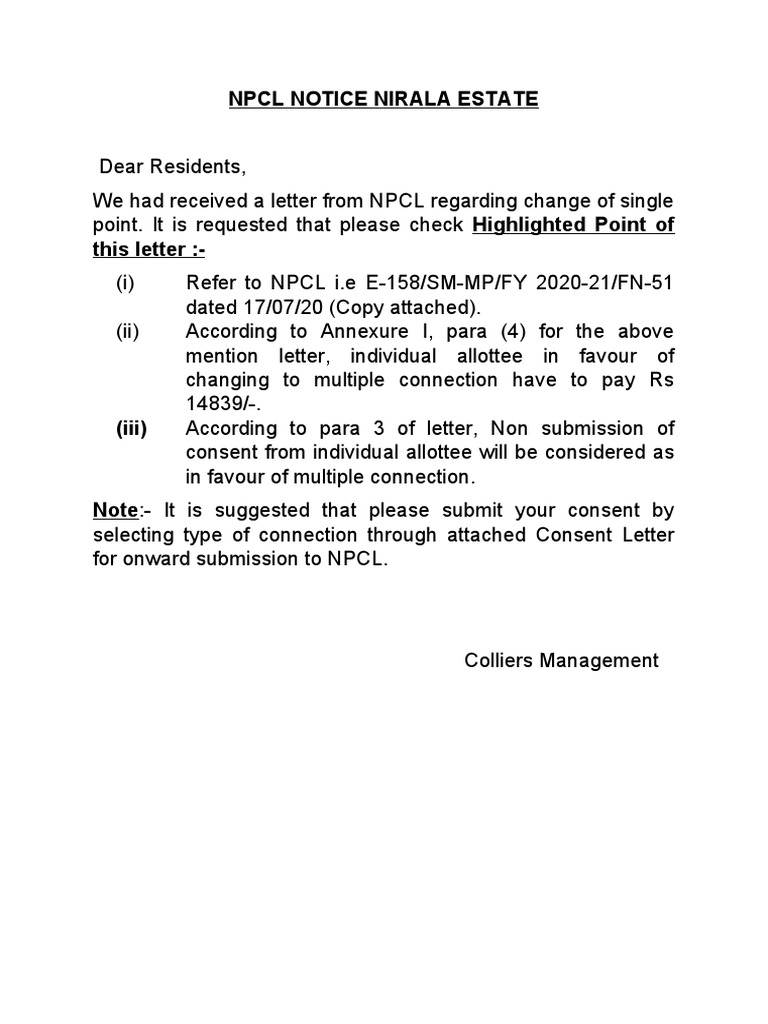 NPCL Connection Change Notice | PDF | Finance & Money Management | Law