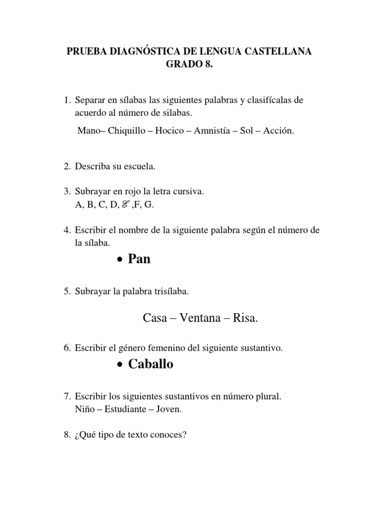 Prueba Diagnóstica de Lengua Castellana | PDF