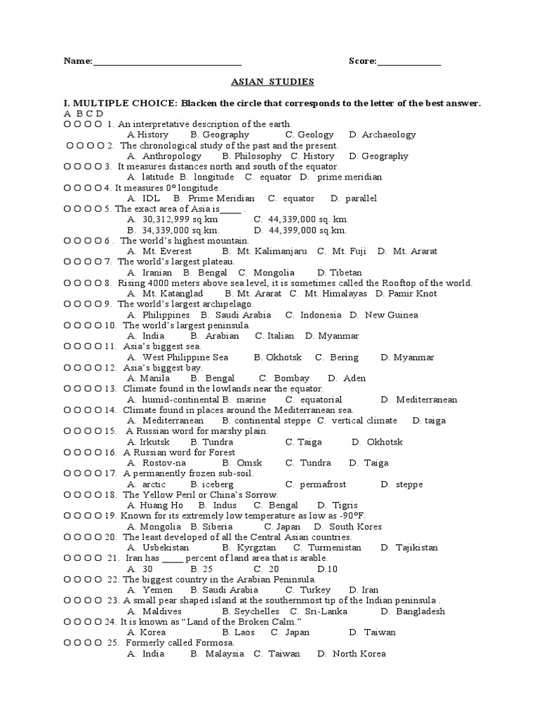 Name: - Score: - Asian Studies I. MULTIPLE CHOICE: Blacken The Circle ...