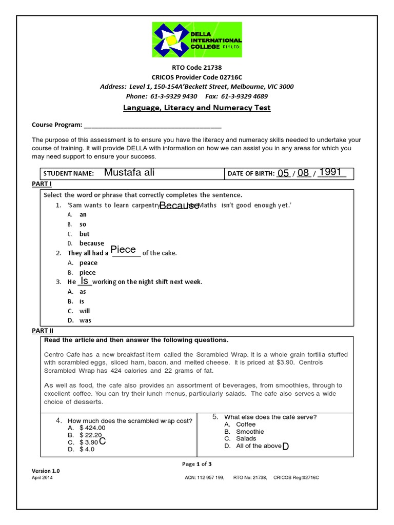 Mustafa Ali 05 08 1991: Language, Literacy and Numeracy Test | PDF | Foods