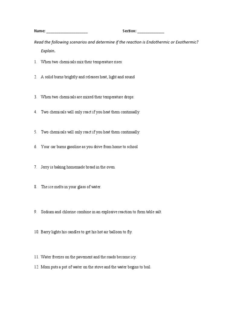 Endothermic and Exothermic Worksheet | PDF