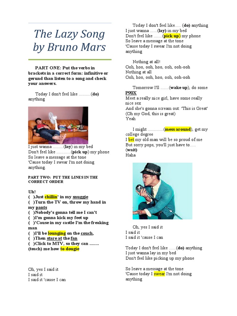 The Lazy Song: Lyrics and Activities | PDF | Morphology | Grammar