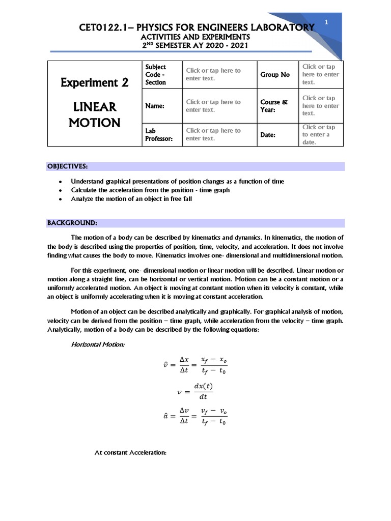 Experiment 2 Linear Motion | PDF | Acceleration | Velocity