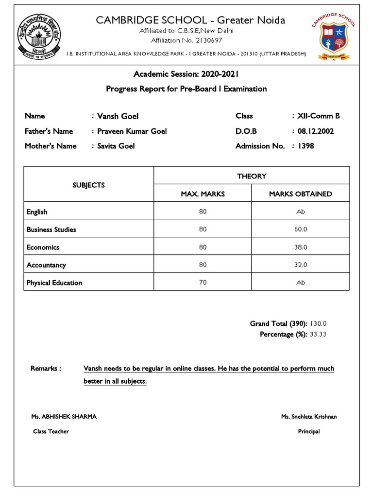 CAMBRIDGE SCHOOL - Greater Noida: Academic Session: 2020-2021 Progress Report For Pre-Board I ...