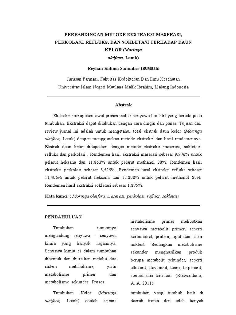 Perbandingan Metode Ekstraksi Maserasi, Perkolasi, Refluks, Dan ...