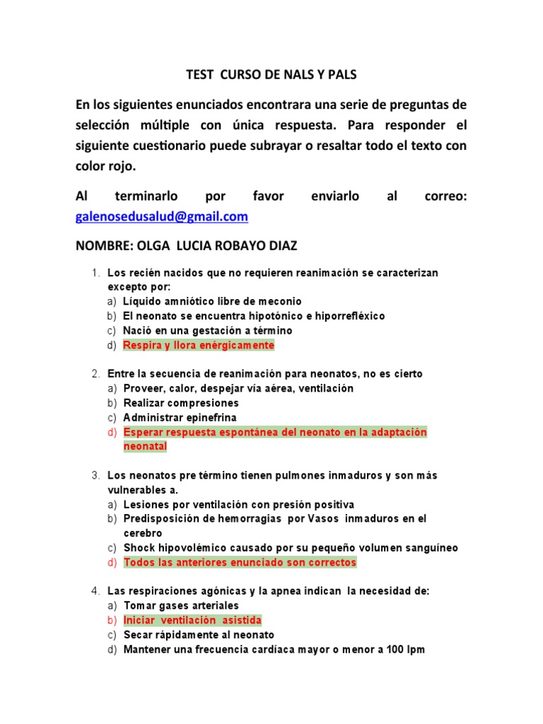Test Curso de Nals y Pals | PDF | Reanimación cardiopulmonar | Sistema ...