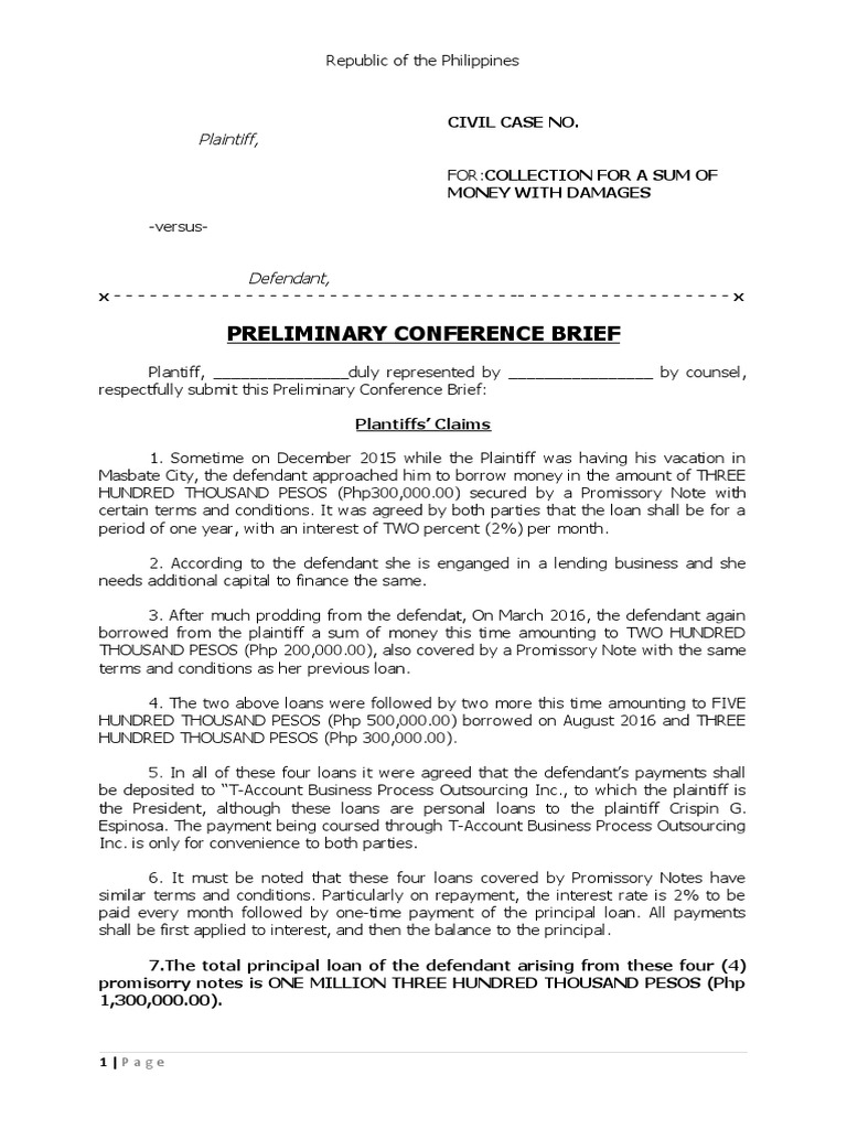 Preliminary Conference Brief | PDF | Loans | Interest
