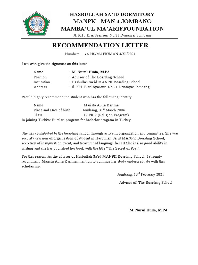 Recommendation for Marista Aulia Karima | PDF