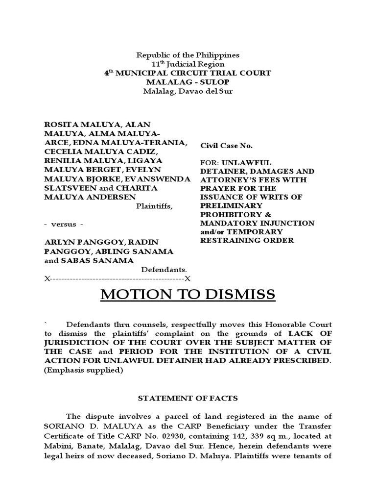 MOTION - TO DISMISS - Unlawful Detainer - DARAB | PDF | Lawsuit ...