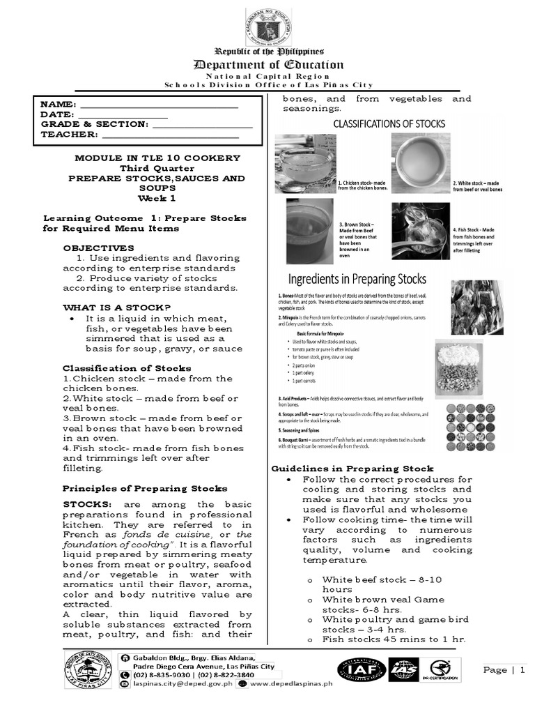 Module 1 Prepare Stocks Sauces and Soups | PDF | Stock (Food) | Soup