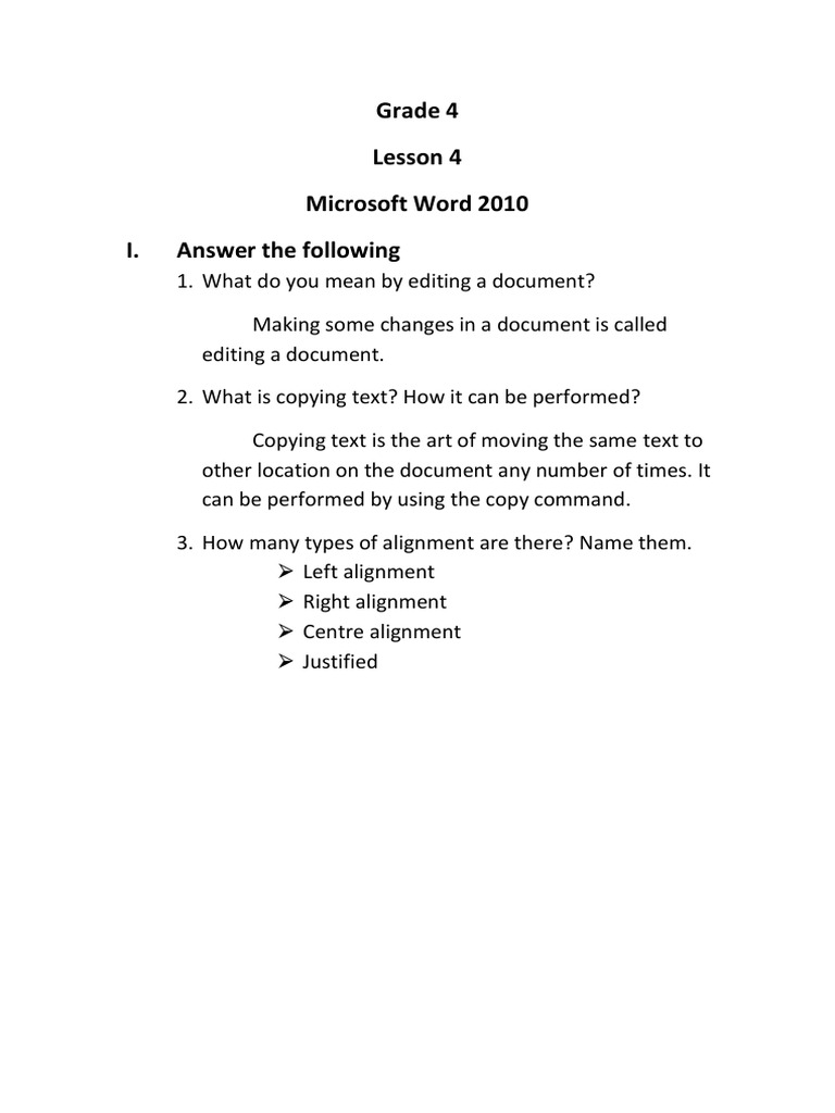 Grade 4 Lesson 4 Microsoft Word 2010 I. Answer The Following | PDF
