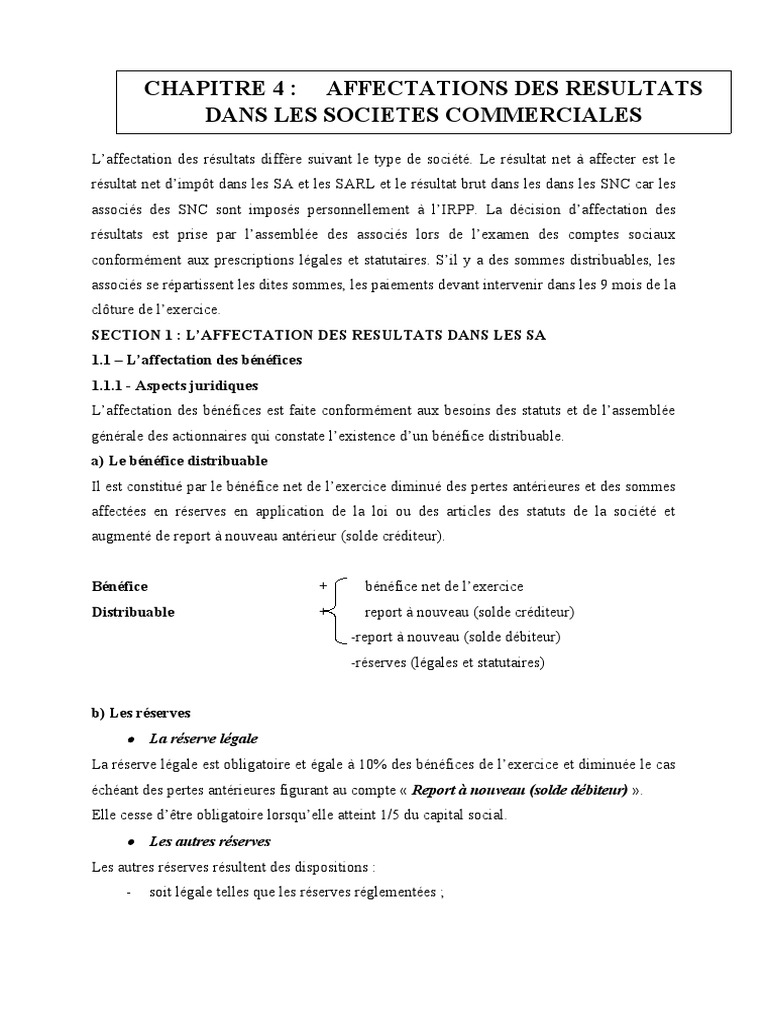Chapitre 4 Affectation Des Résultats | PDF | Société en nom collectif ...